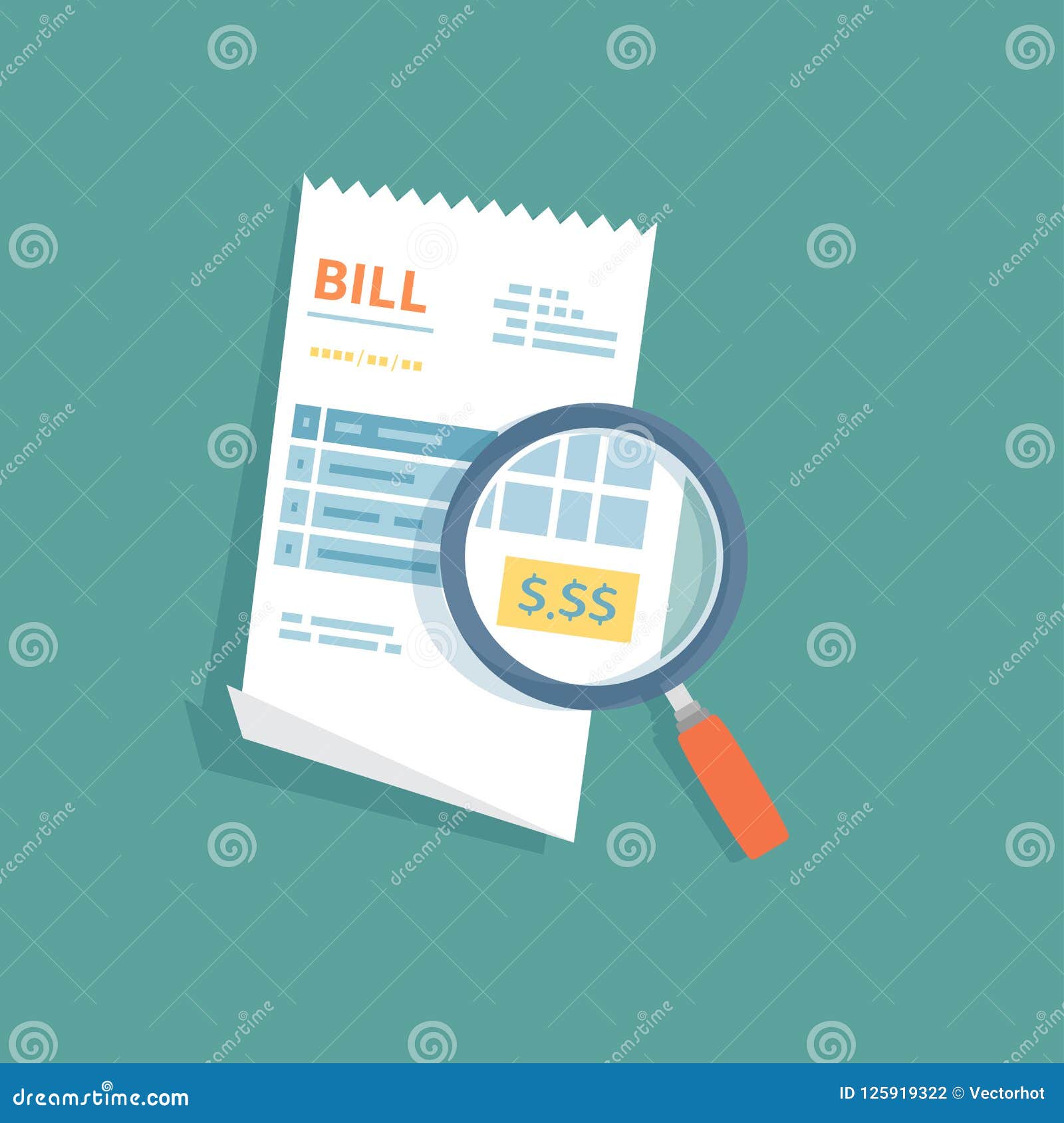 Bill Icon with Magnifying Glass. Studying Paying Receipt. Invoice ... Bill Icon with Magnifying Glass. Studying Paying Receipt. Invoice ...