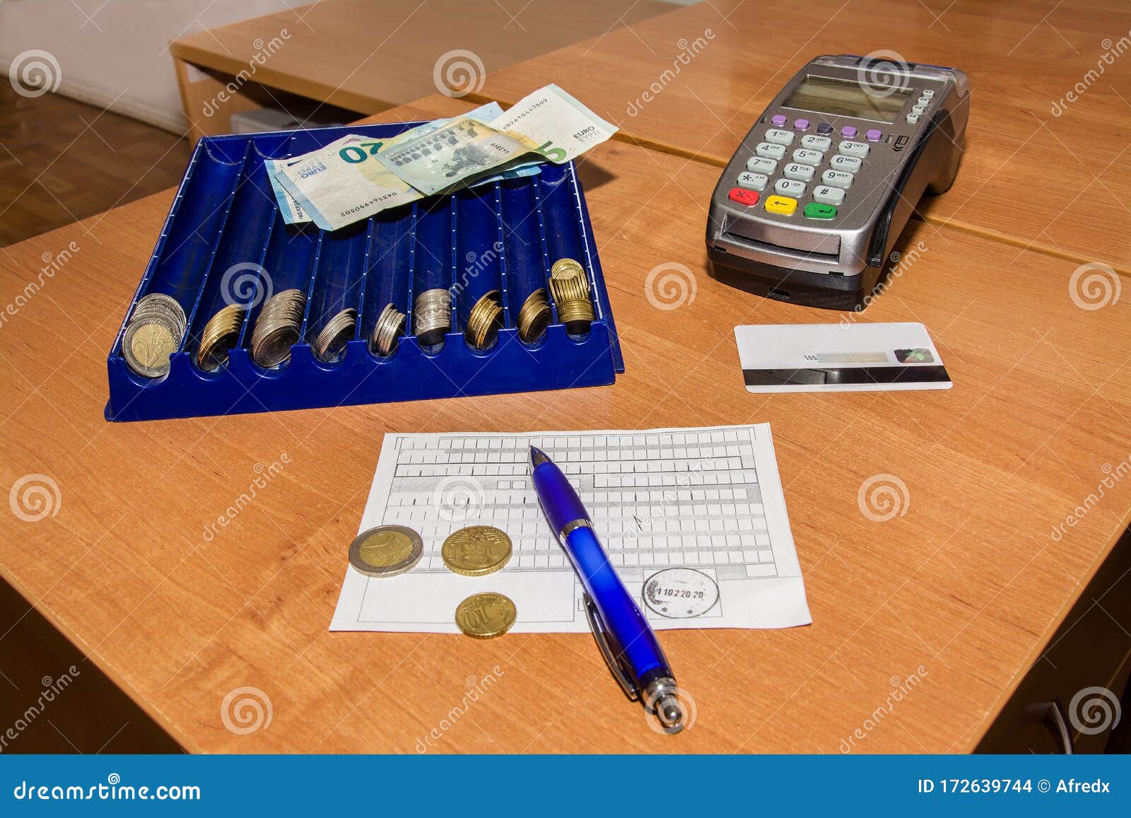 Bill, Money Euro, Payment Terminal and Credit Card on the Desk Stock ... Bill, Money Euro, Payment Terminal and Credit Card on the Desk Stock ...