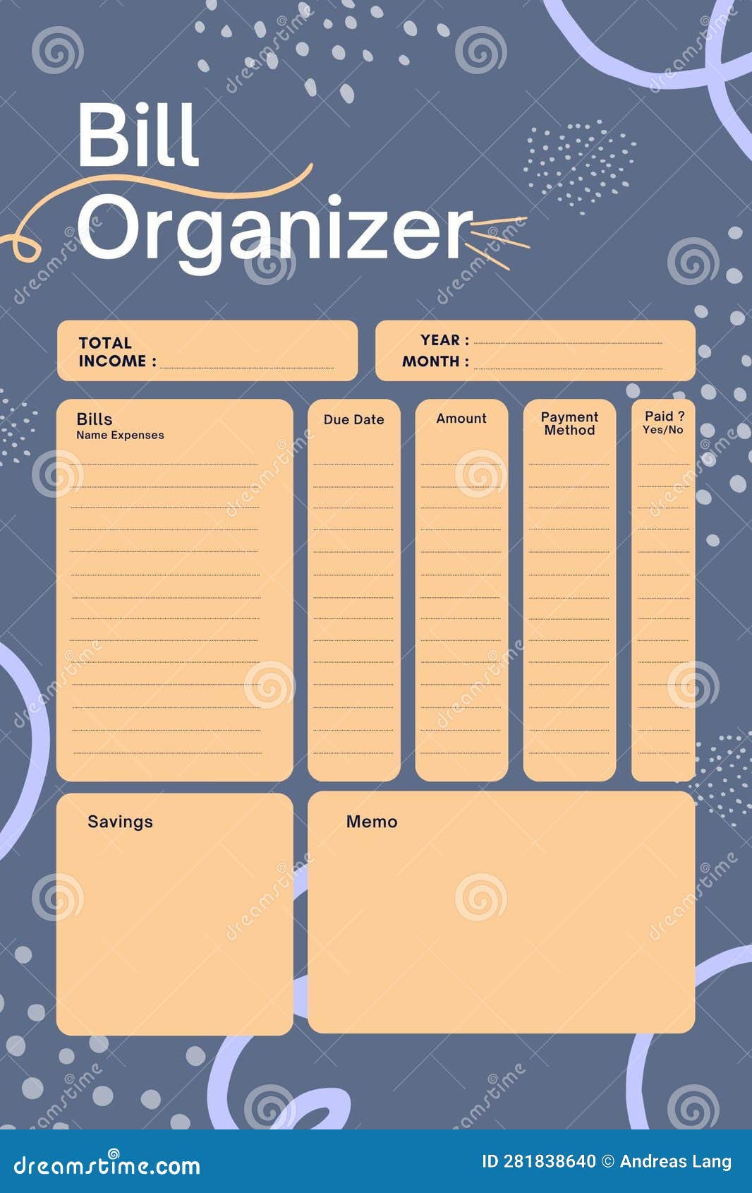 Bill Organizer Planner Digital Printable Blank Template Insert Stock ...