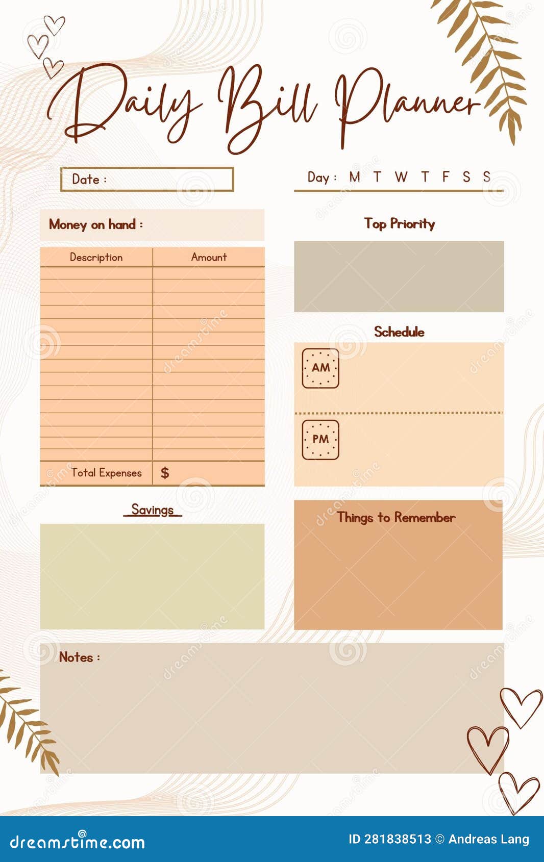 Daily Bill Planner Digital Printable Blank Template Insert Stock ...