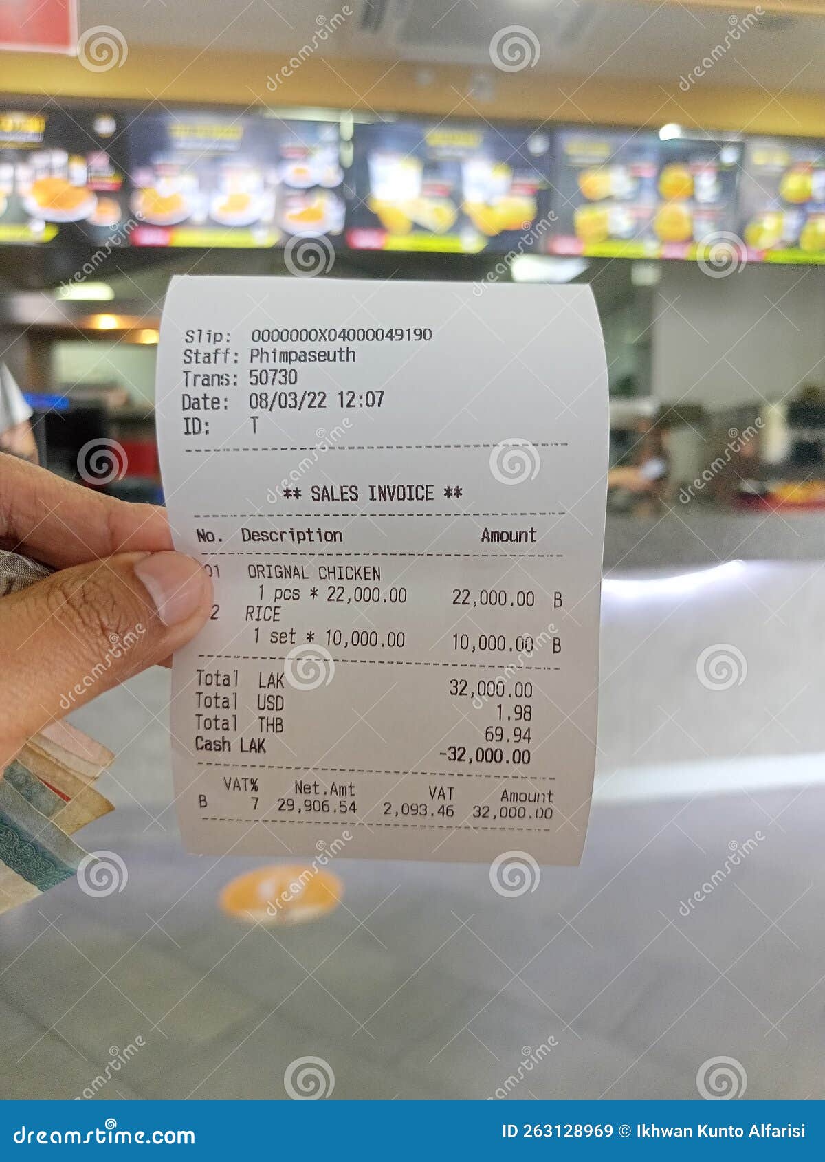 Bill in Texas Fried Chicken in Laos Stock Image - Image of three, bill ...