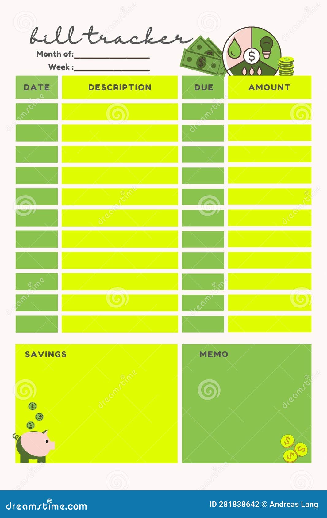 Bill Tracker Planner Digital Printable Blank Template Insert Stock ...