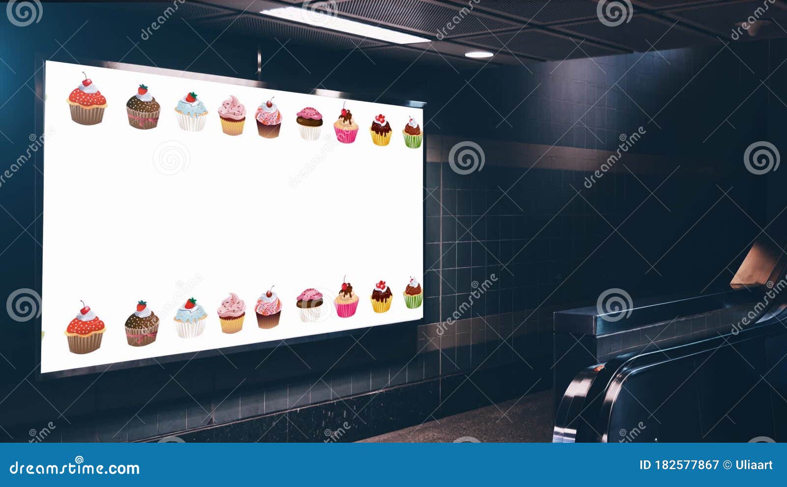 Billboard with Advertising on the Wall, Moving Cupcakes on a White ...