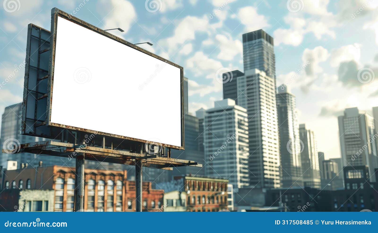 A Billboard in Front of a Modern City Skyline Displays an Advertising ...
