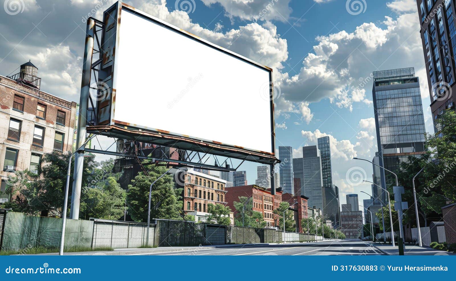A Billboard in Front of a Modern City Skyline Displays an Advertising ...