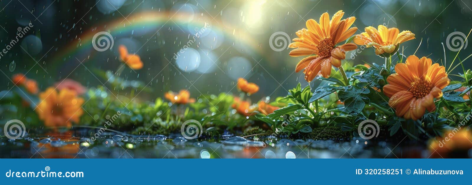 Billboard with Spring Rain, Web Banner with Rainbow in the Sky, Grass ...