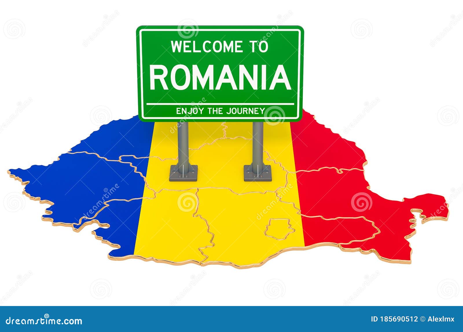 Billboard Welcome To Romania on Romanian Map, 3D Rendering Stock ...