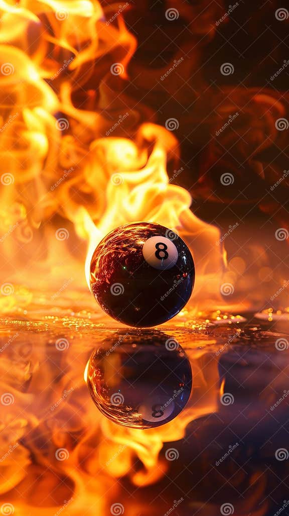 Billiard 8 Ball Engulfed in Flames with Reflection on a Glossy Surface ...