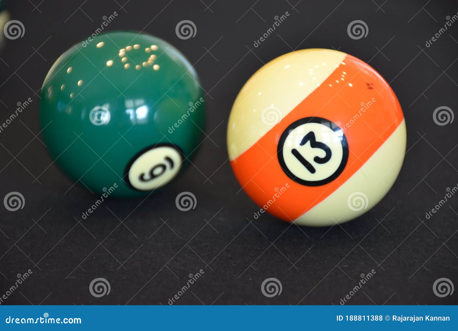 Billiard Balls in a Black Billiard Pool Table, Focused on 13 Ball Stock ...