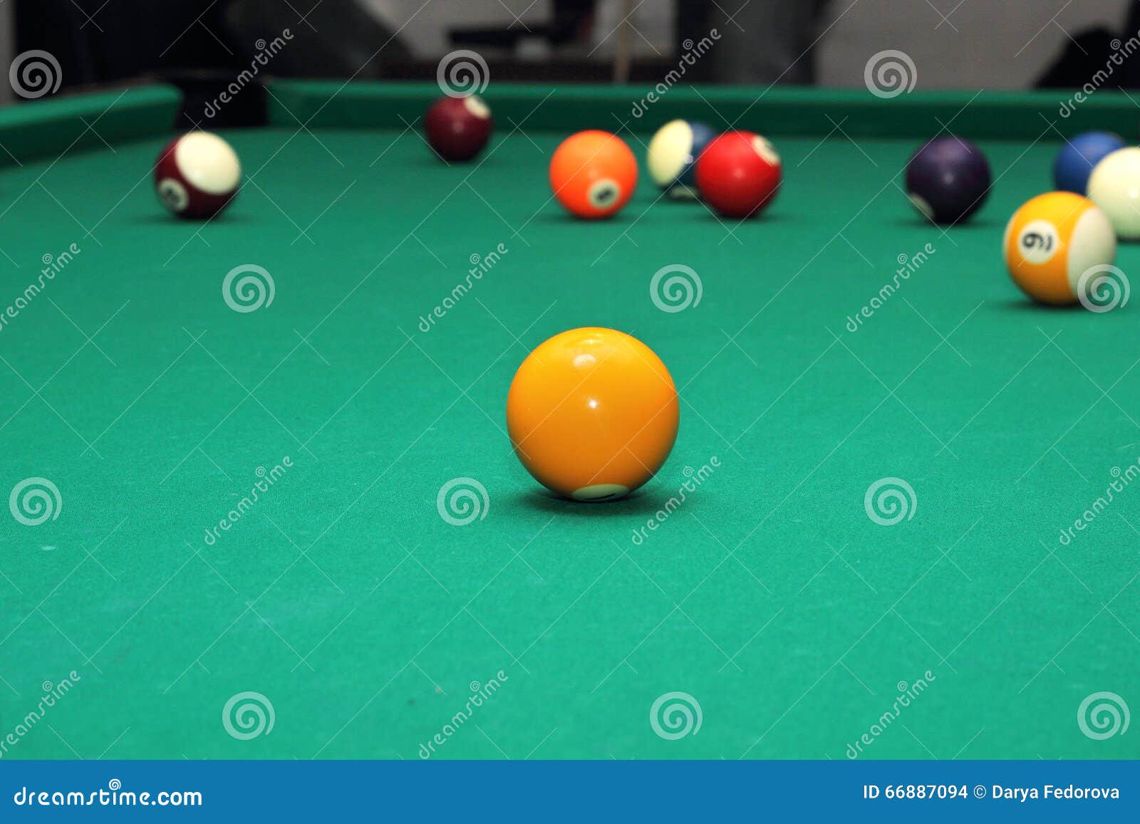 Billiard Balls on Green Table and Orange Ball Stock Photo - Image of ...