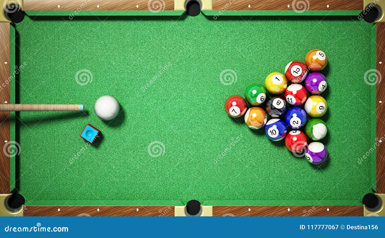 Billiard Balls, Triangle, Chalk And Cue On Pool Table. 3D Illustration ... Billiard Balls, Triangle, Chalk And Cue On Pool Table. 3D Illustration ...