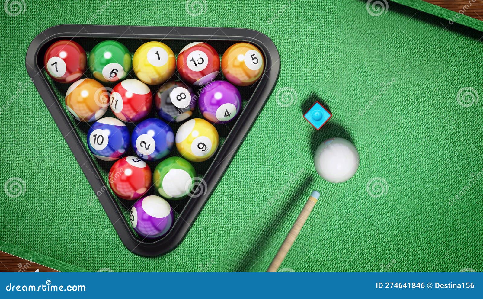Billiard Balls, Triangle, Chalk and Cue on Pool Table. 3D Illustration ... Billiard Balls, Triangle, Chalk and Cue on Pool Table. 3D Illustration ...