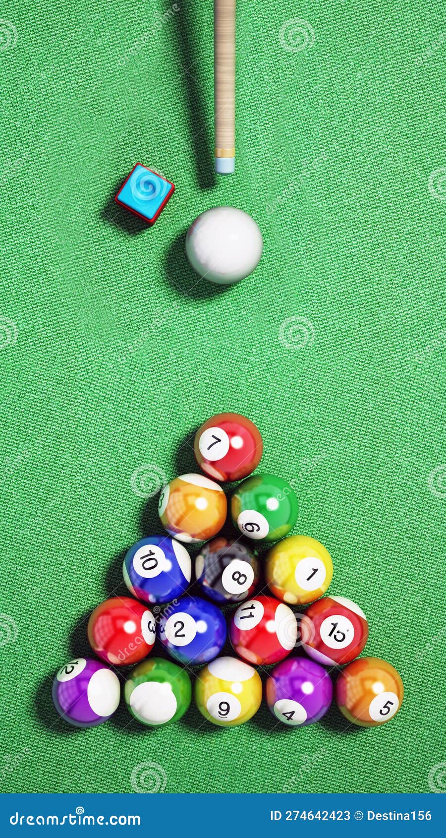 Billiard Balls, Triangle, Chalk and Cue on Pool Table. 3D Illustration ...