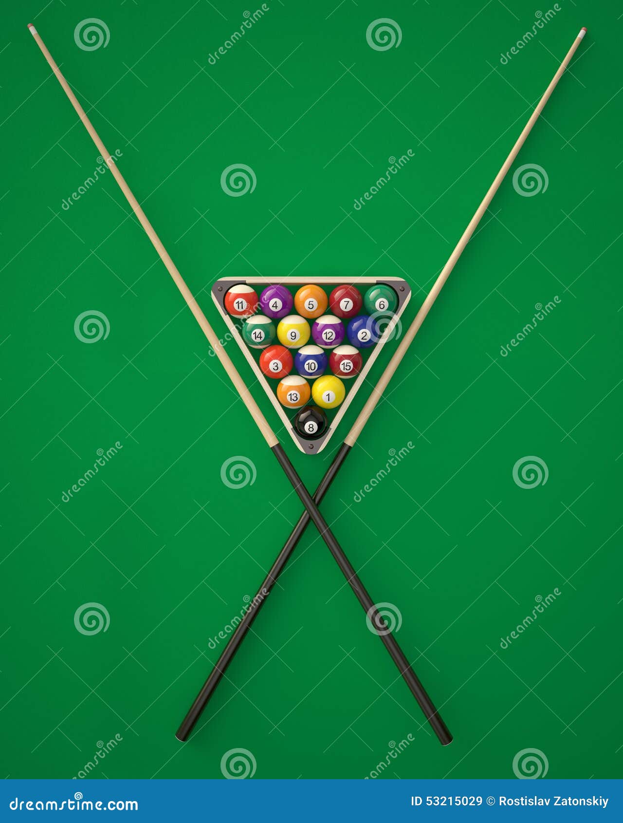 Billiard Balls in a Triangle with Cues on Green Billiard Table. Stock ...