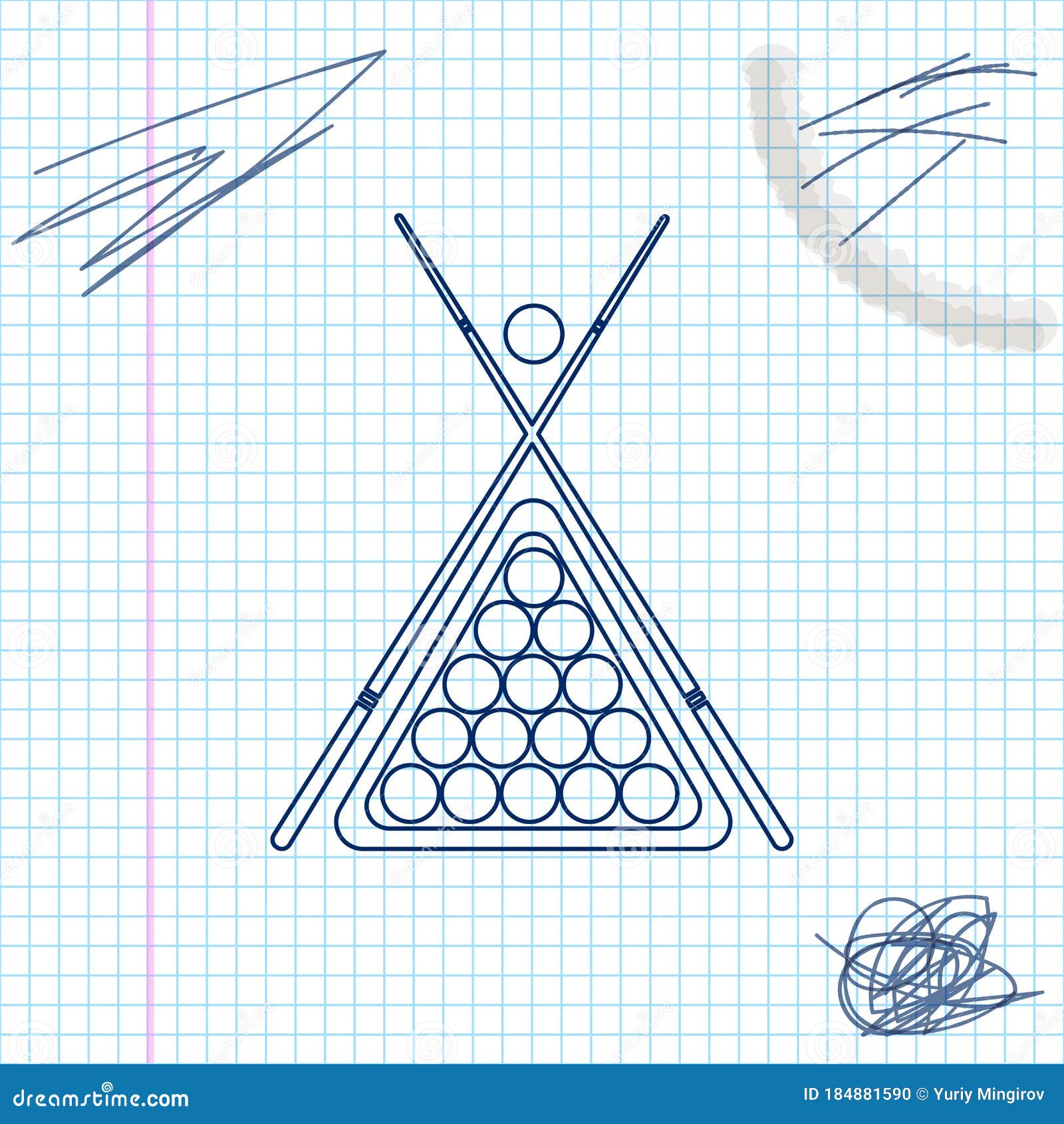 Billiard Cue And Balls In A Rack Triangle Line Sketch Icon Isolated On ... Billiard Cue And Balls In A Rack Triangle Line Sketch Icon Isolated On ...