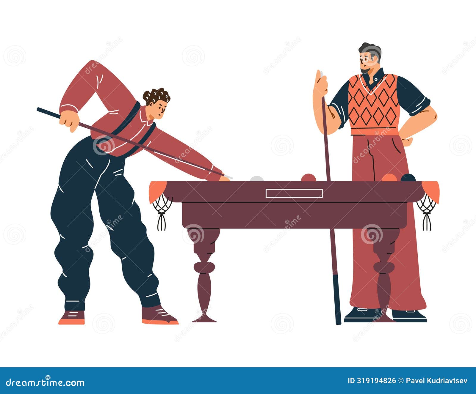 Billiard Game - Vector Players with Cues and Table. Isolated Background ...