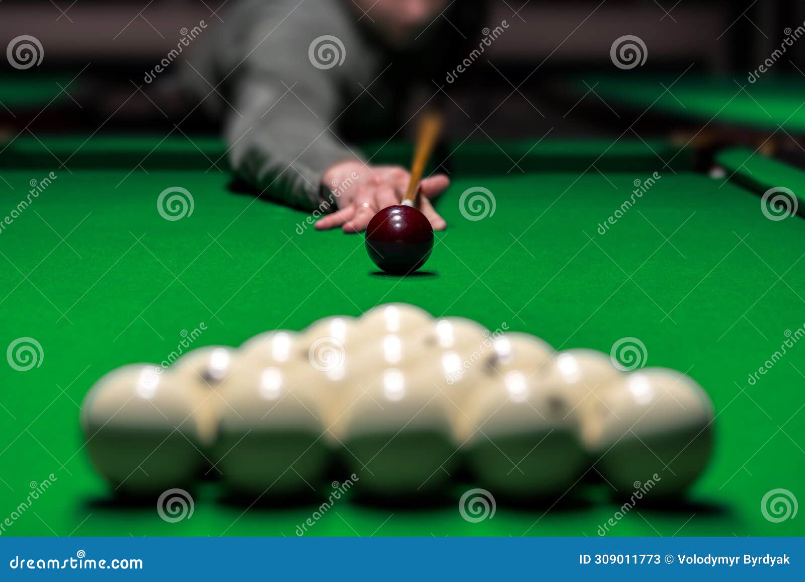 Billiard Man Player Arm Breaking the Pyramid by Striking the Ball with ...