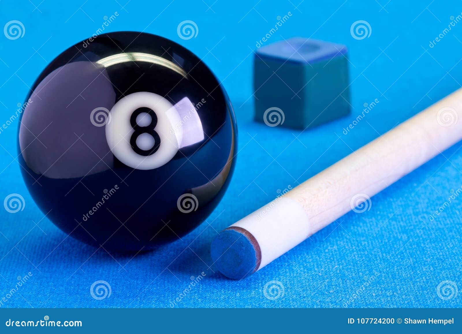 Billiard Pool Game Eight Ball with Chalk and Cue on Billiard Tab Stock ...