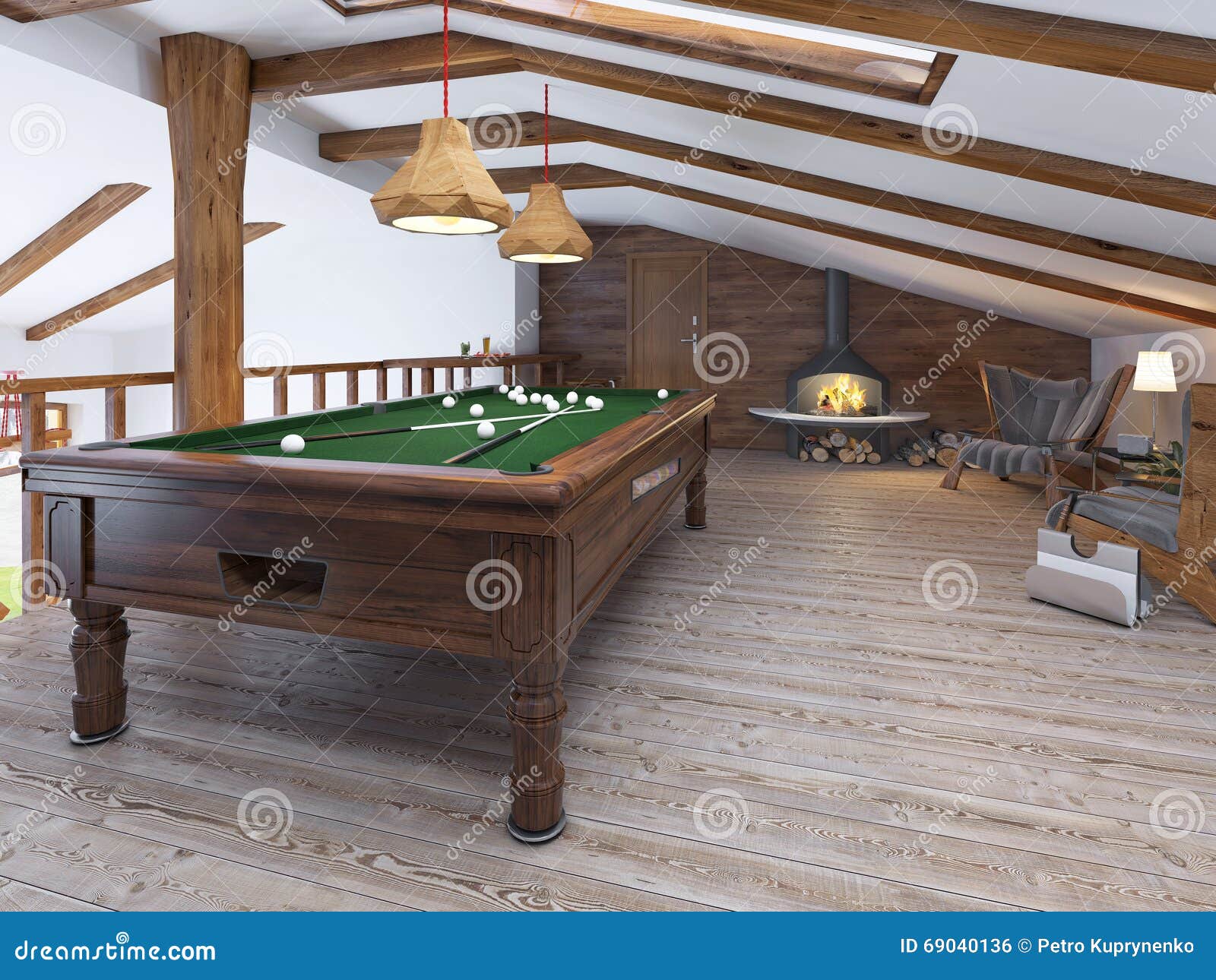 Billiard Room with Two Comfortable Chairs and a Fireplace in the Stock ...