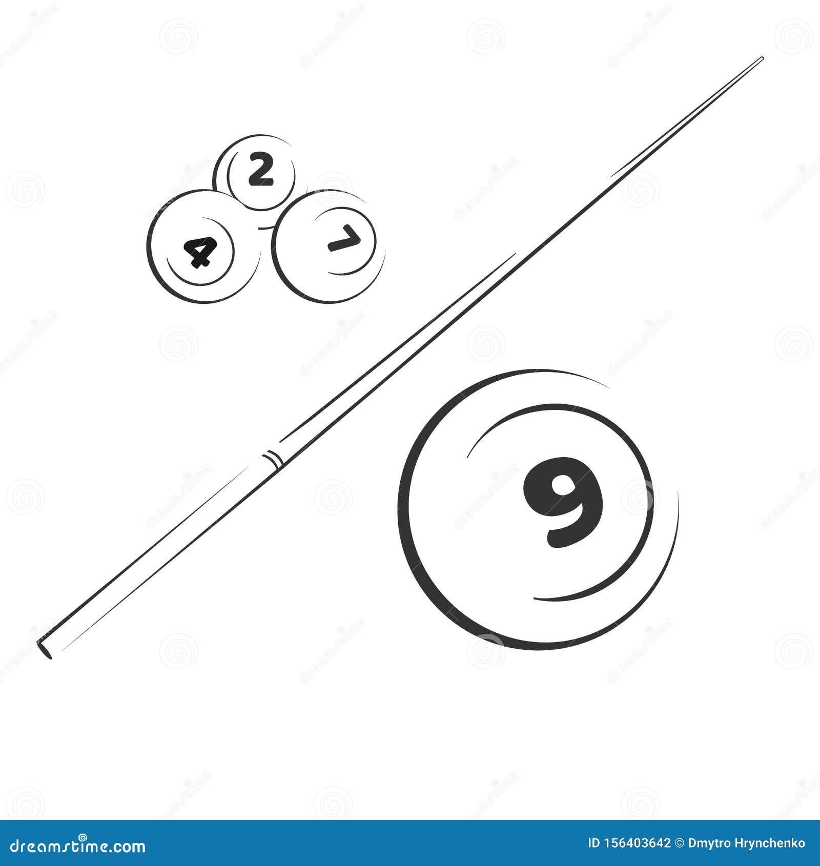 Billiard Snooker Elements Balls with Numbers and Sticks. Black and ...