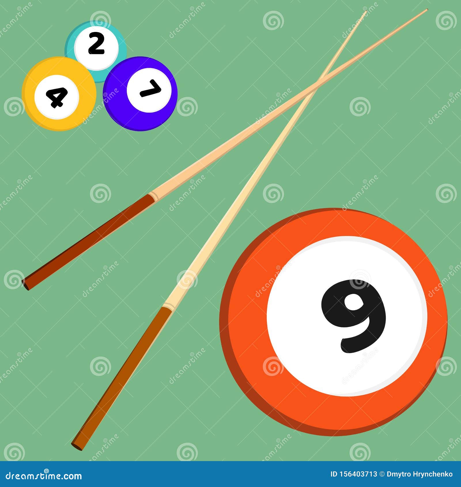 Billiard Snooker Elements Balls with Numbers and Sticks. Colored Vector ...