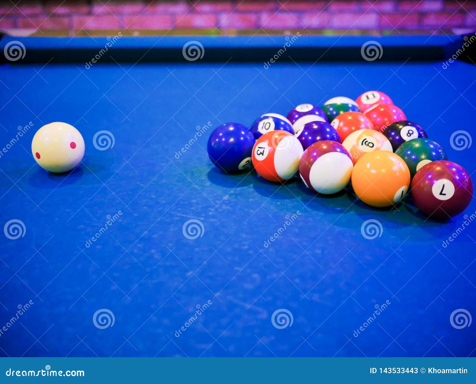 Billiard Snooker Pyramid Balls on Pool Blue Table Stock Image - Image ...