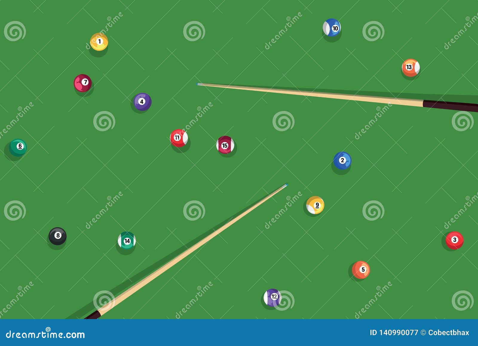 Billiard Stick and Pool Balls on Green Billiard Table Top View. Biliard ...