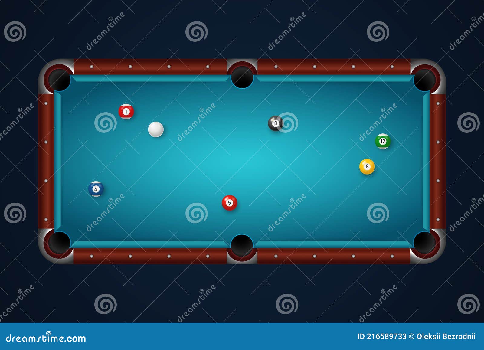 Billiard Table with Balls Top View. Surface Covered with Blue Felt with ...