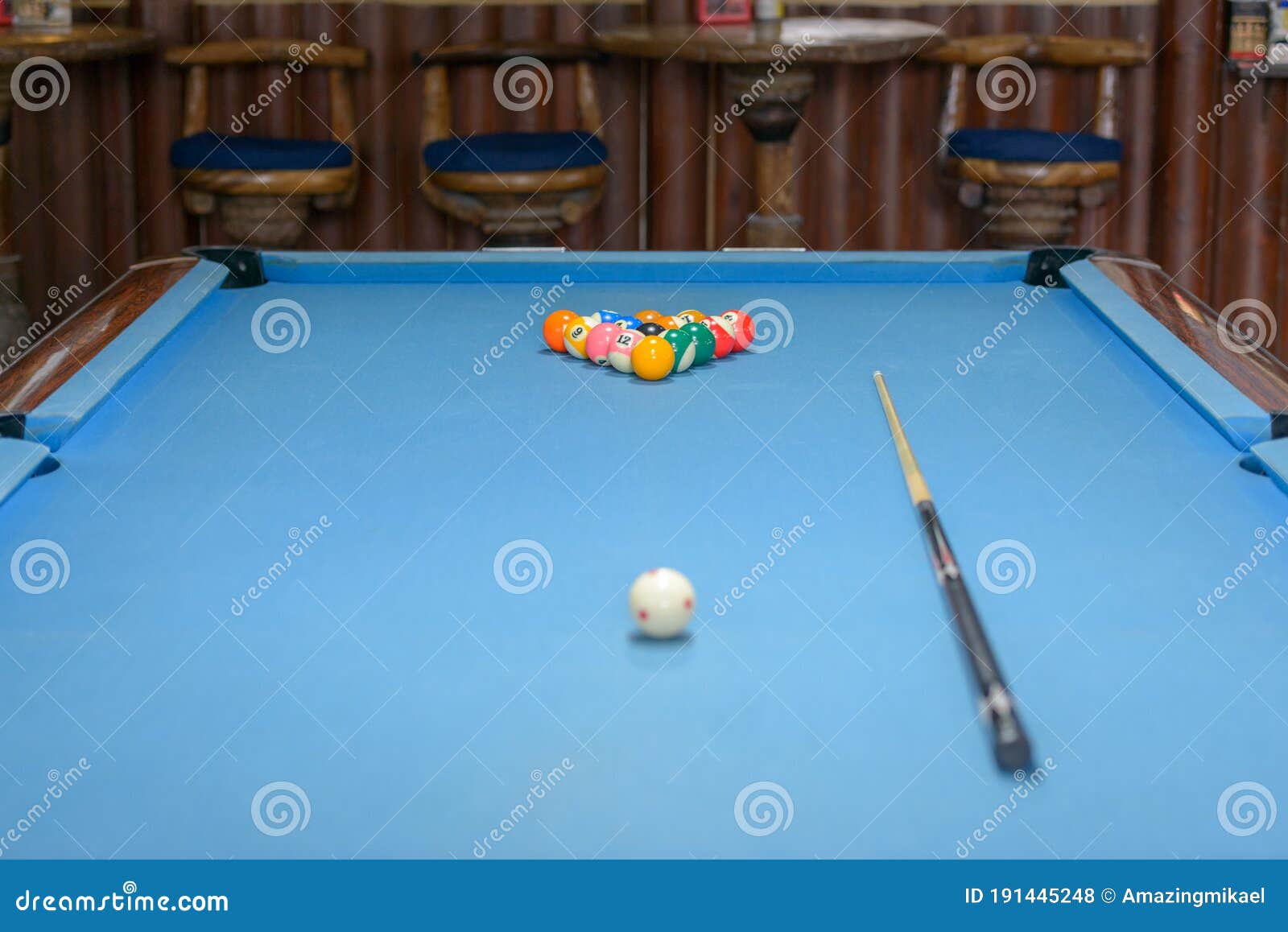 Billiard Table with Cue and Balls Ready for Playing Stock Photo - Image ...