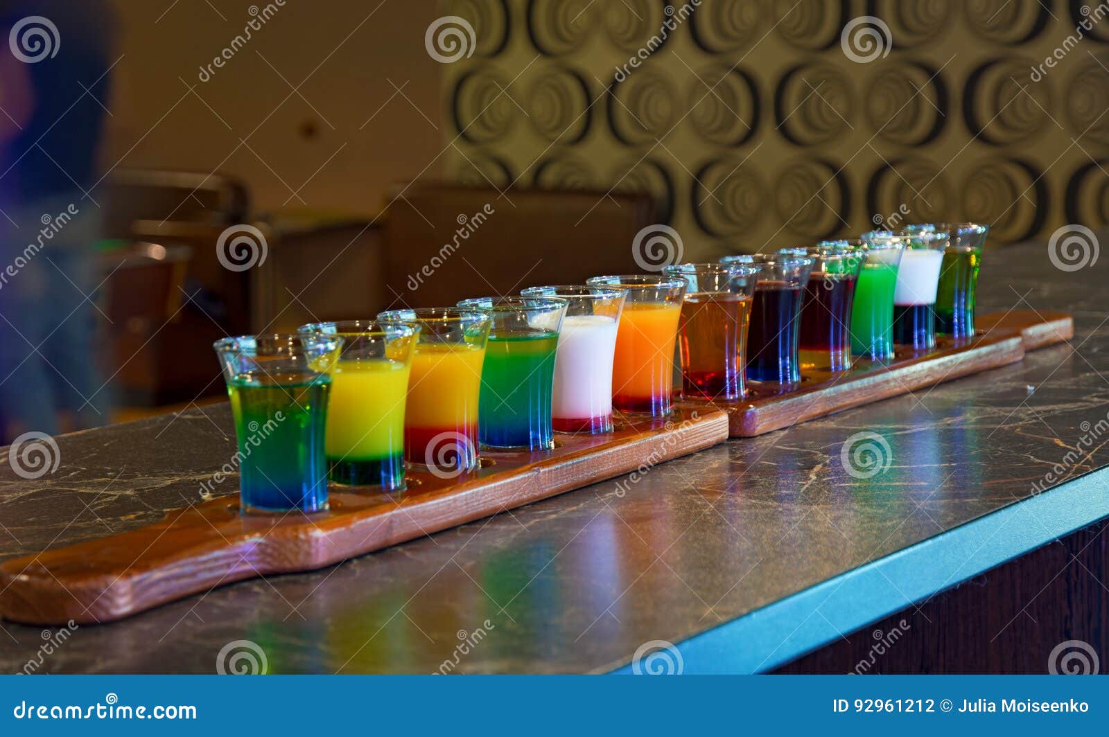 On a Billiard Table Stand with Coloured Glasses of Alcohol. Stock Photo ...