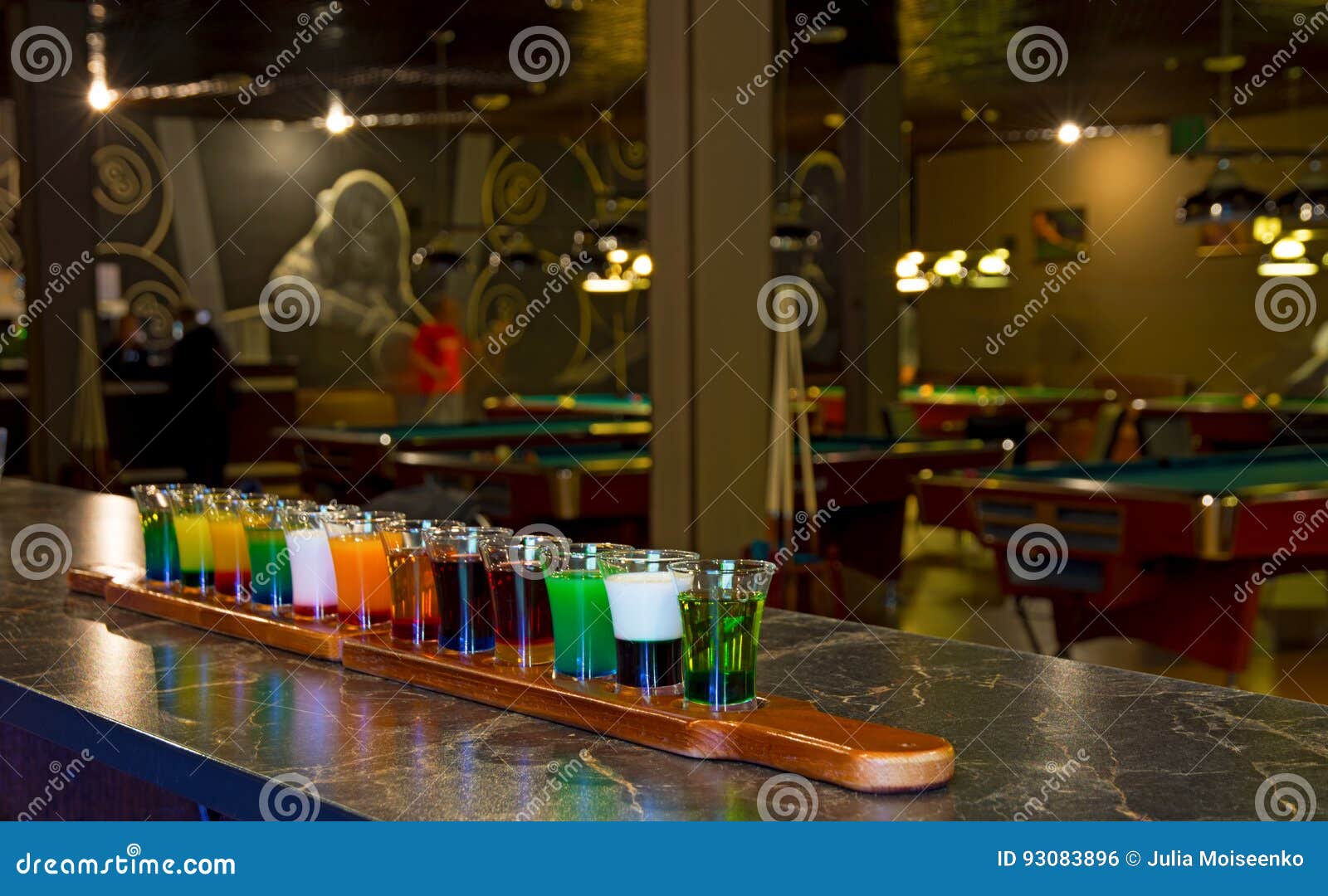 On a Billiard Table Stand with Coloured Glasses of Alcohol. Stock Photo ...