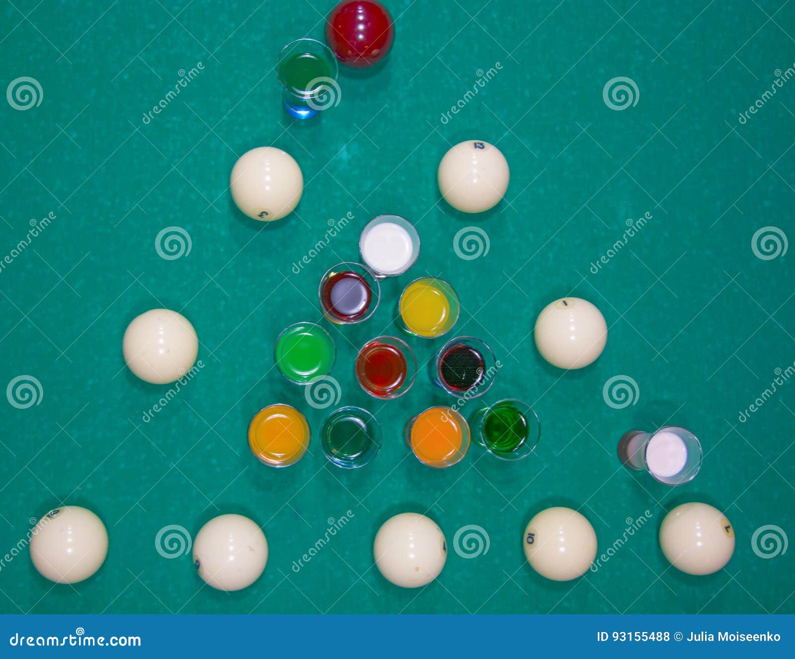 On a Billiard Table Stand with Coloured Glasses of Alcohol. Stock Photo ...