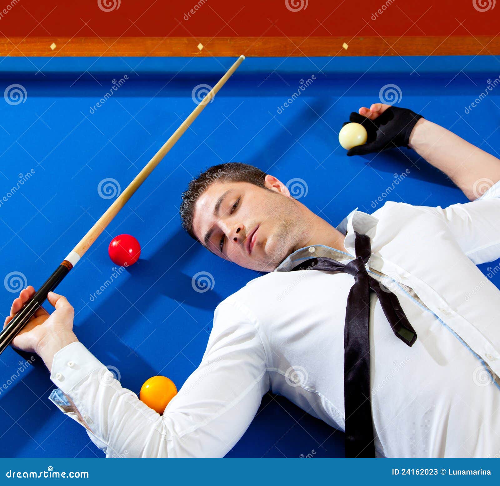 Billiard Young Man Player Lying on Pool Blue Table Stock Image - Image ...