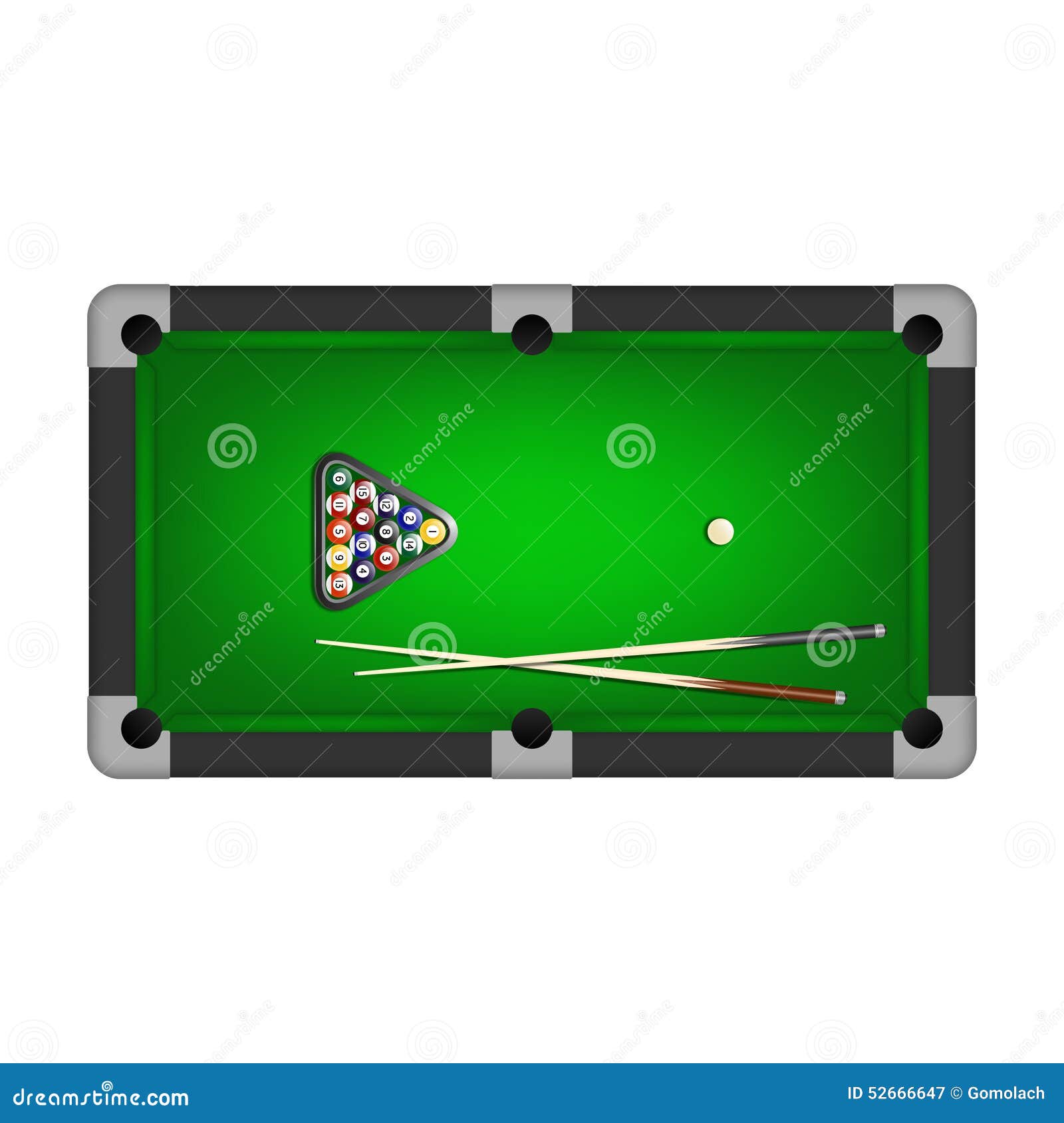 Billiards Balls, Triangle and Two Cues on a Pool Table. Vector ...