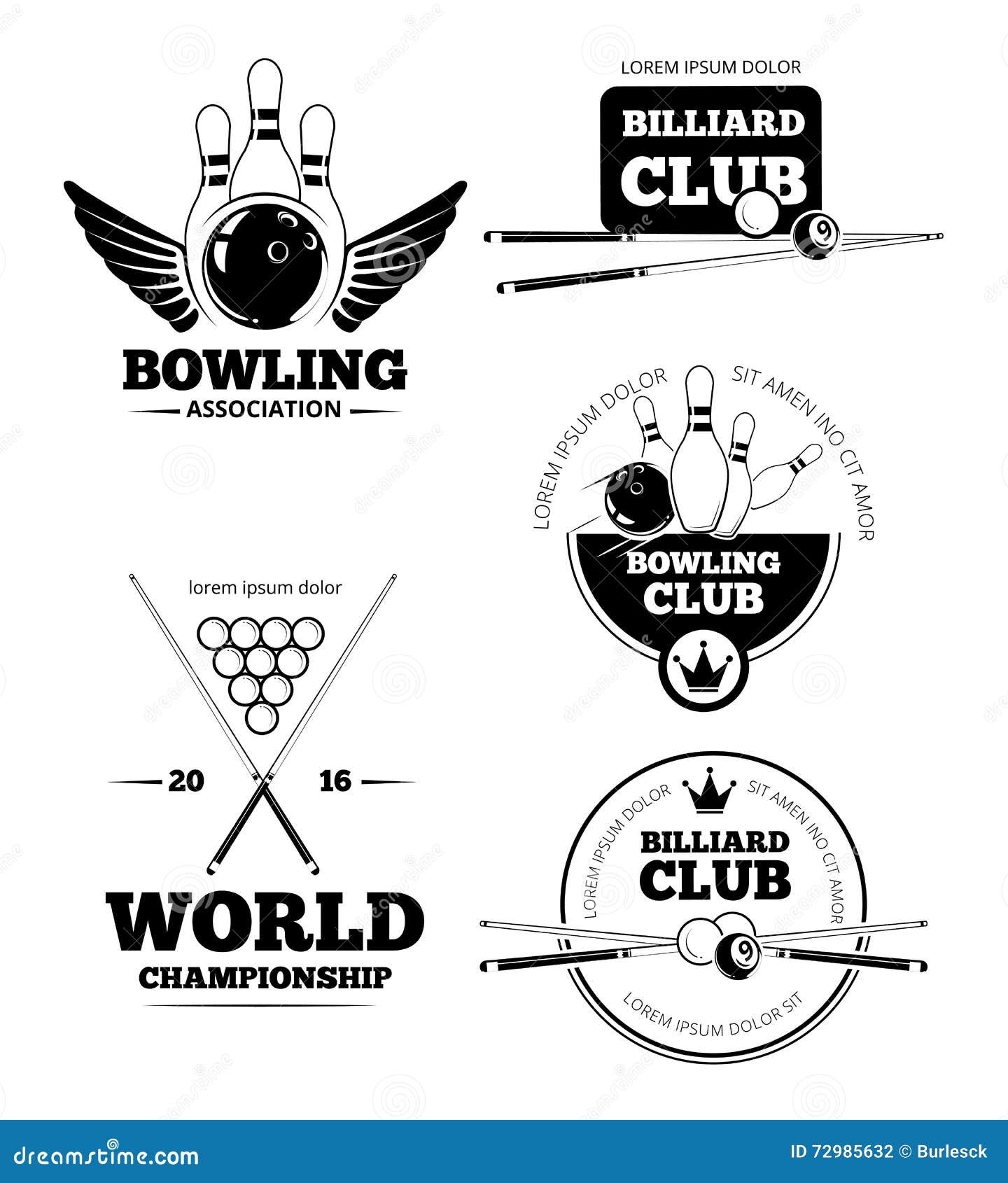 Billiards Emblems and Bowling Vector Labels, Emblem Badges Set Stock ...