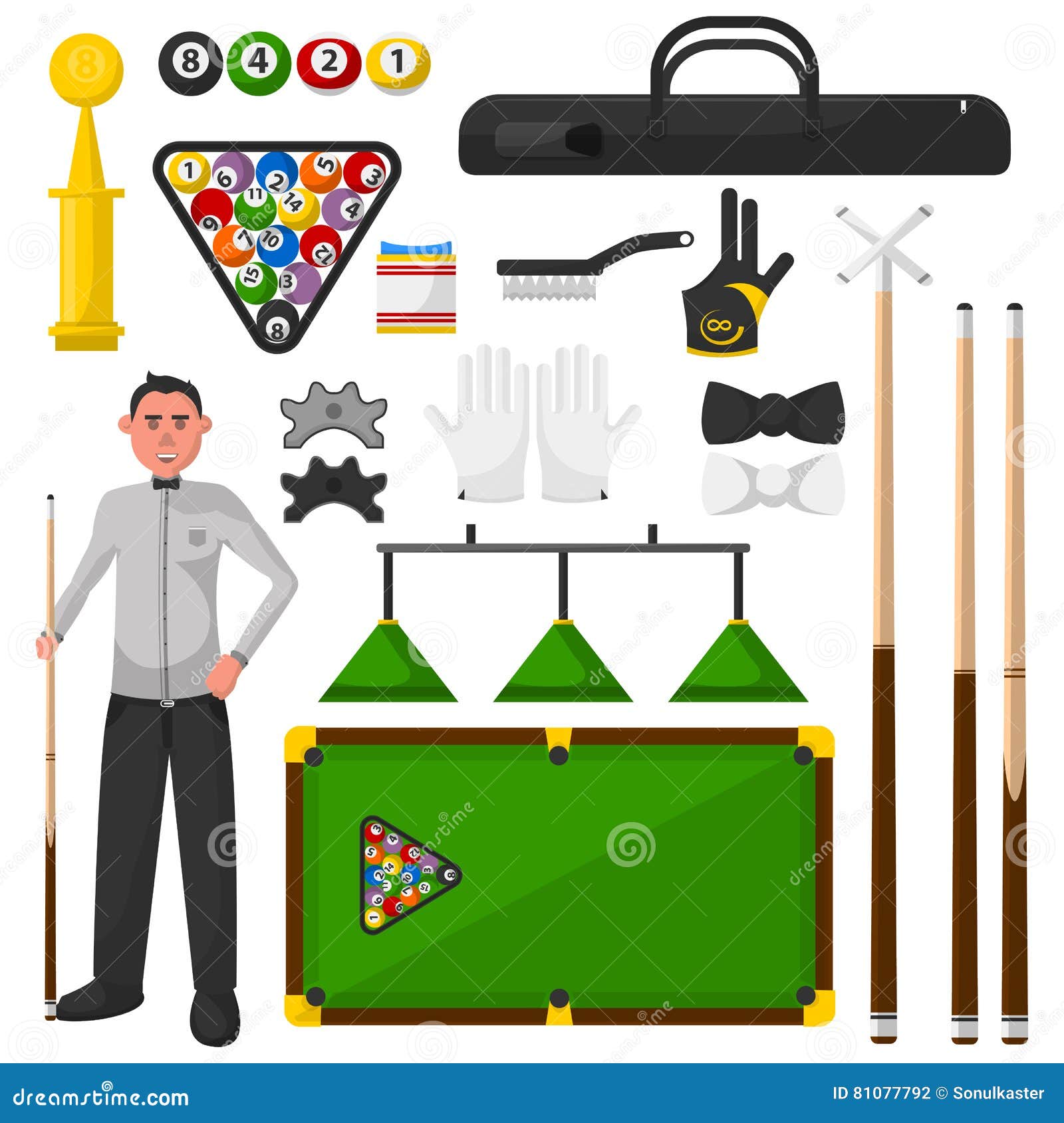 Billiards Flat Illustration. Billiardist with Game Equipment Stock ...