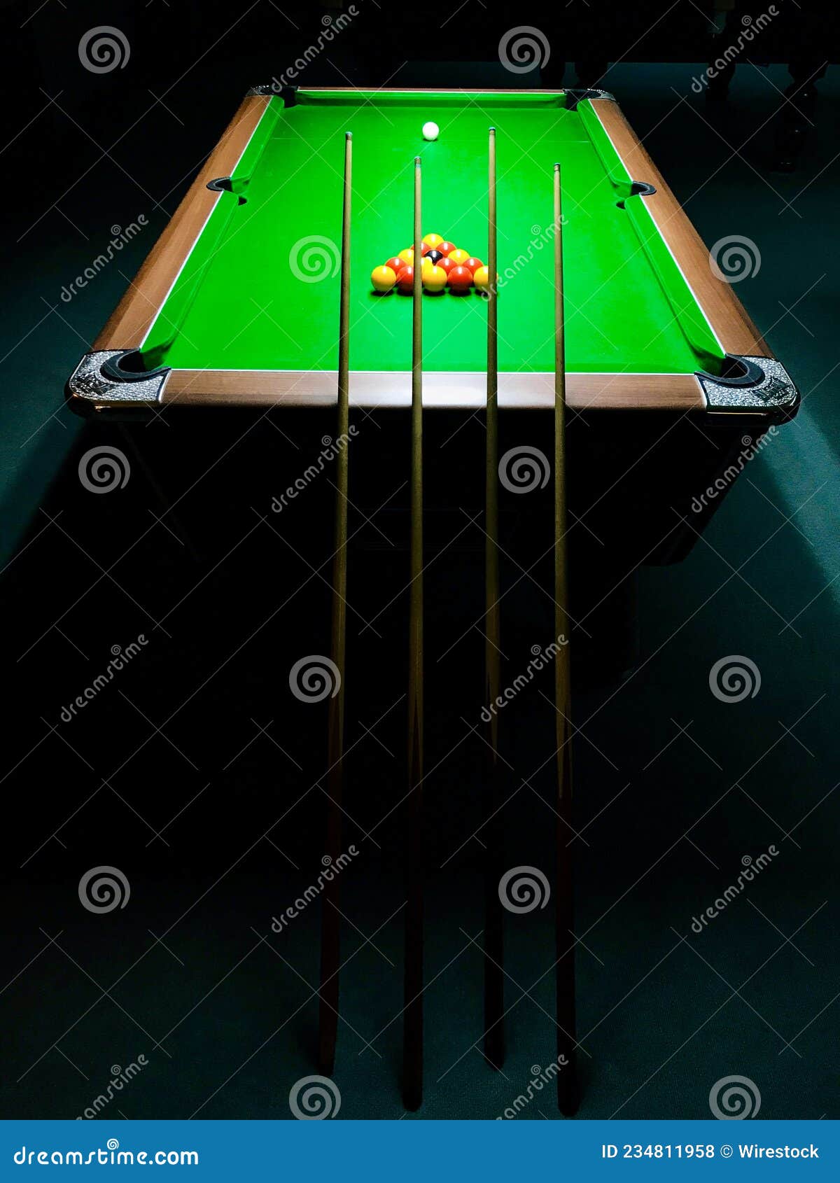 Pool table in dark room stock photo. Image of table - 234811958