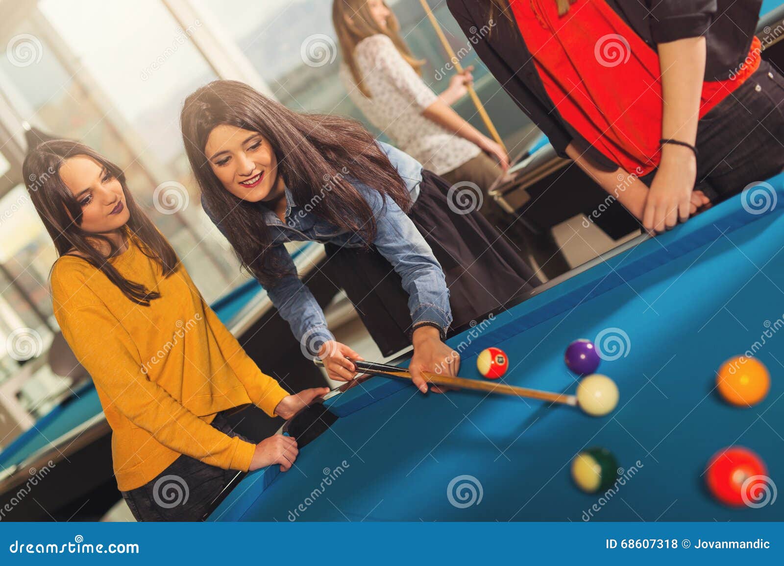 Billiards Game. Group of Friends Playing Pool Together. Stock Photo ...