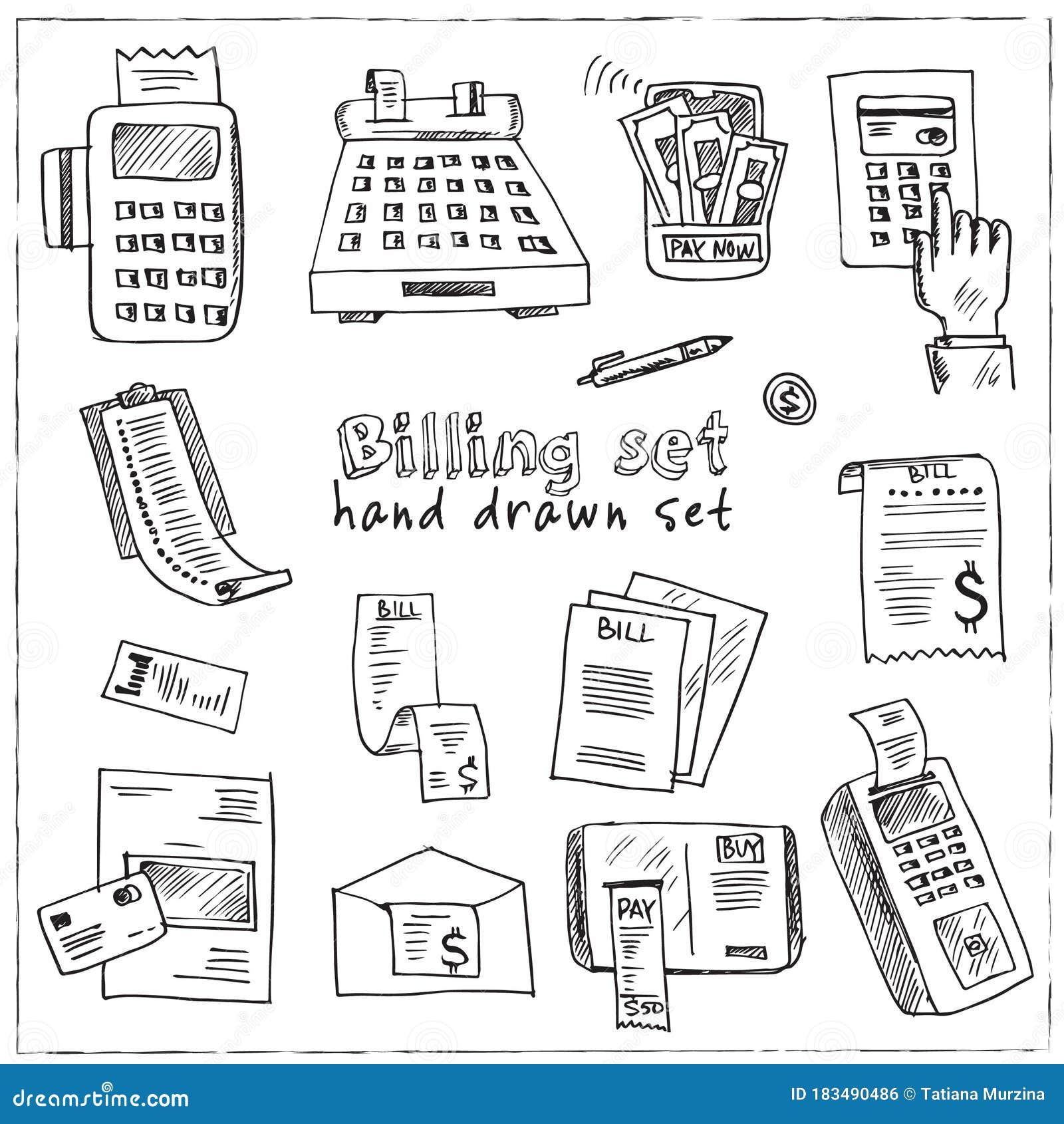 Billing Hand Drawn Doodle Set. Isolated Elements On White Background ...