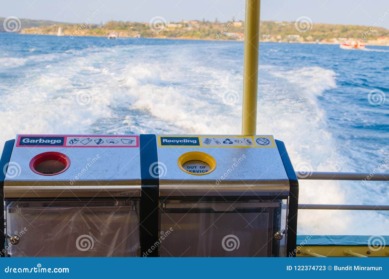 Bin for Garbage in Red and Recycling in Yellow on the Rear of a Ferry ...