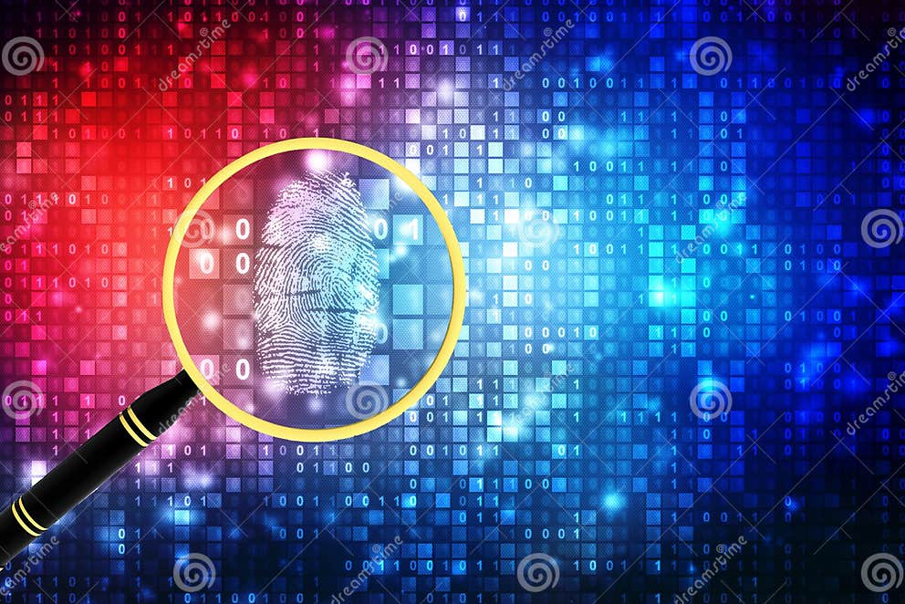Binary Code Backdrop with Magnifier and Finger Print. Biometrics and Computing Concept Stock ...