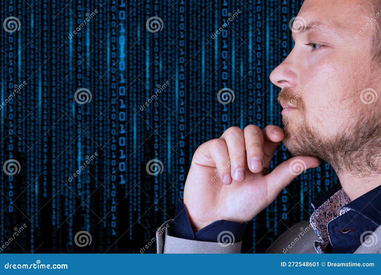 Binary Code. a Businessman Looks at a Background of Digital Binary Code ...