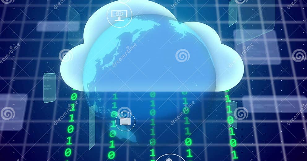 Binary Code and Cloud Computing Icons Image Over Globe and Grid Background Stock Illustration ...