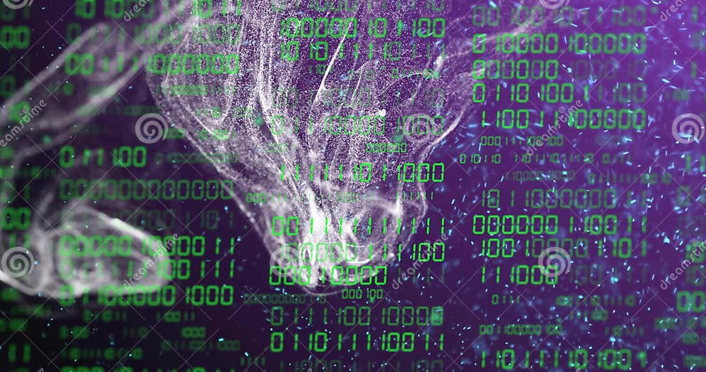 Binary Code and Data Processing Over Abstract Image of Swirling Shapes ...