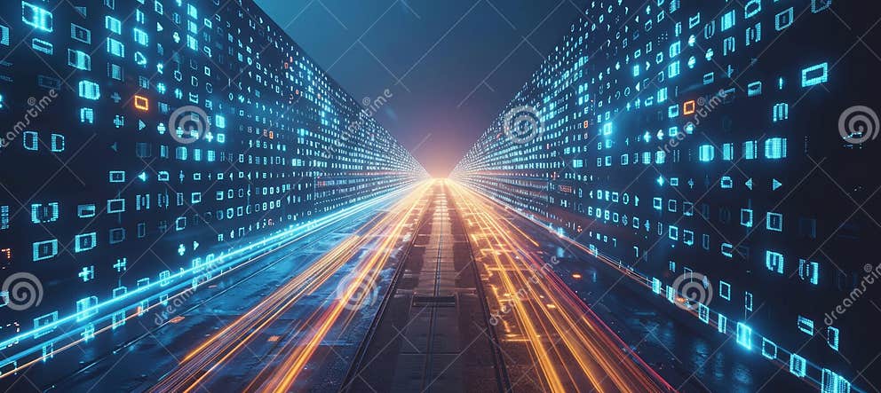 Binary Code and Encryption Concept with Glowing Dots on Pixelated Digital Interface Background ...