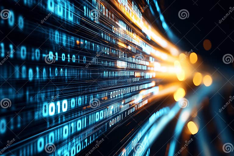 Binary Code Flows Dynamically Against a Digital Backdrop, Creating an Immersive and Energetic ...