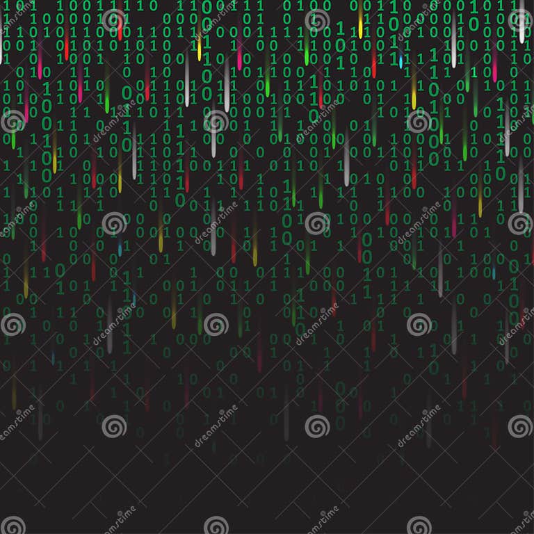 Binary Code Green and Dark Background with Fireworks, Digits on Screen. Algorithm Binary, Data ...