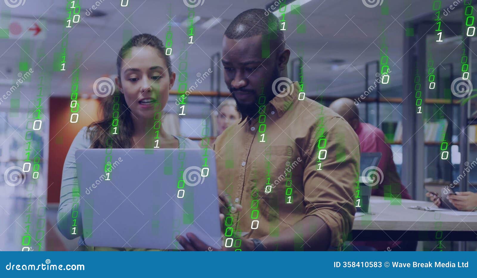 Binary Code Image Over Diverse Business People Working on Laptop in Office Stock Image - Image ...