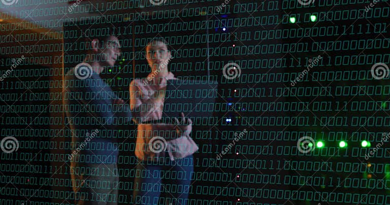 Binary Code Over People Discussing in Data Center Stock Image - Image ...