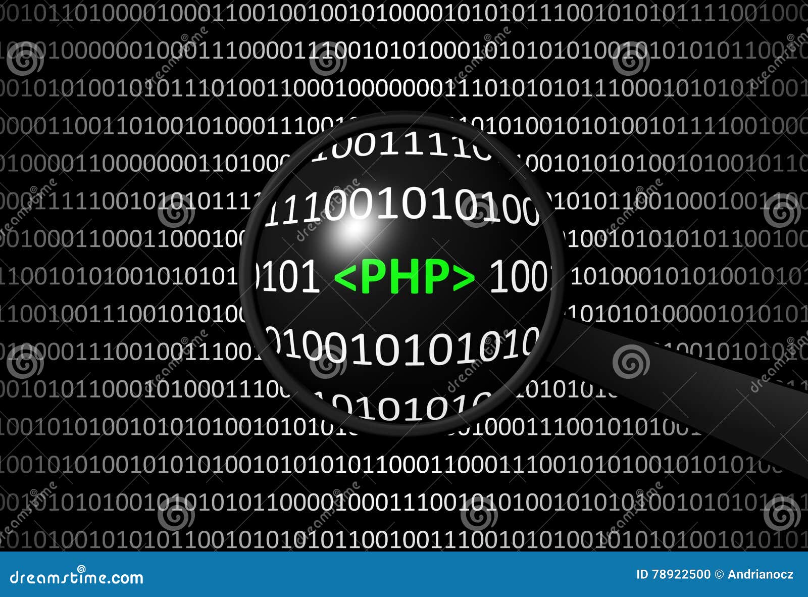 Binary Code with PHP and Magnifying Lens Stock Illustration ...